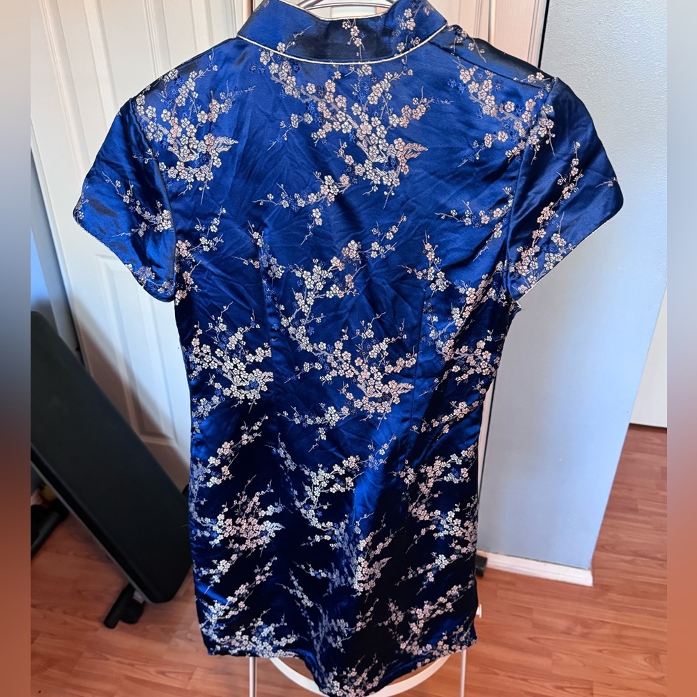 Royal Blue Satin Chinese Cheongsam Dress With Floral … - Gem